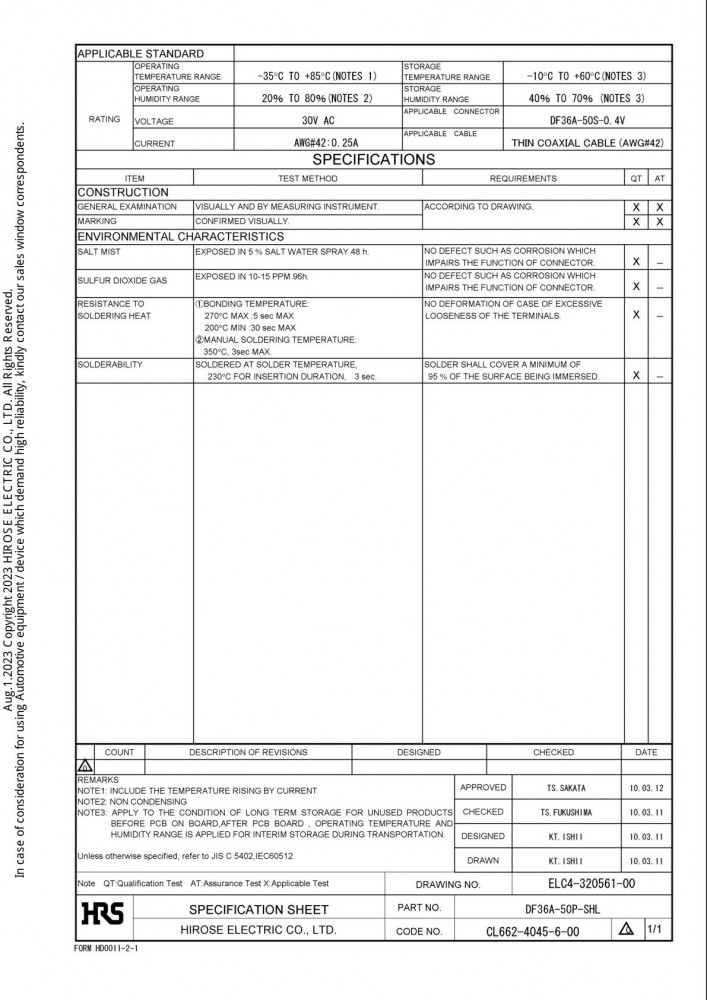 HRS DF36A-50P-SHL specification sheet preview