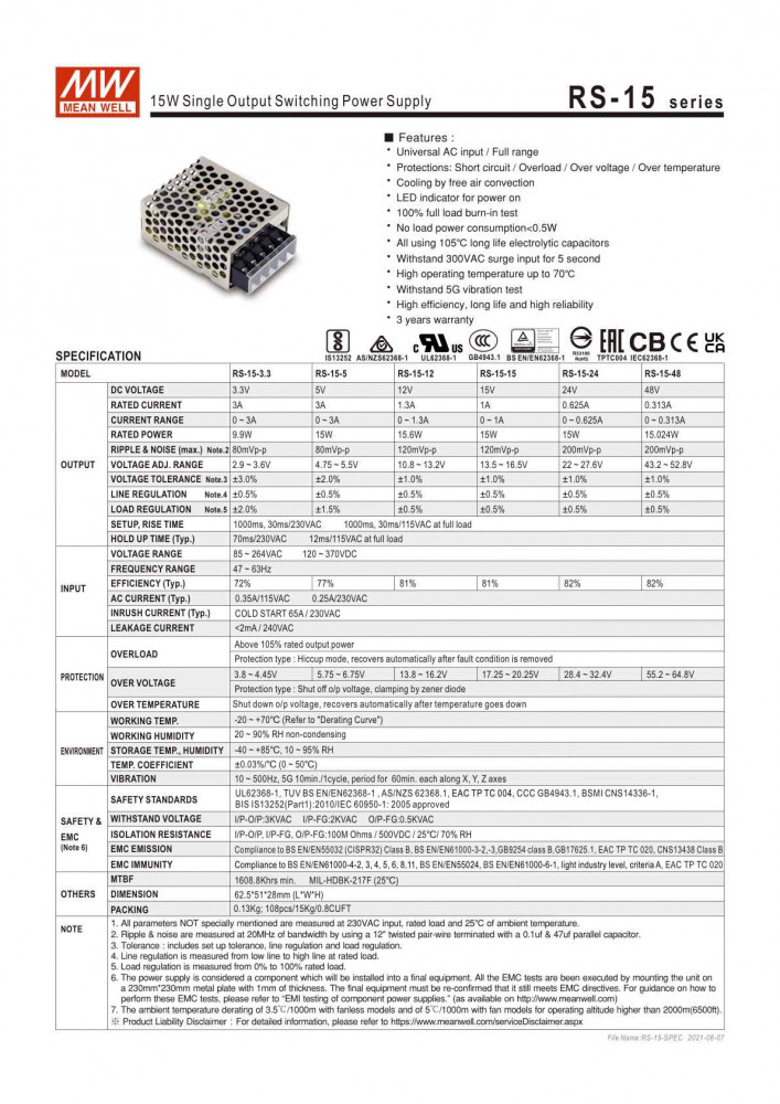 MEAN WELL RS-15 series datasheet page 1