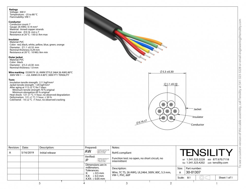 Tensility International 30-01307 cable product drawing