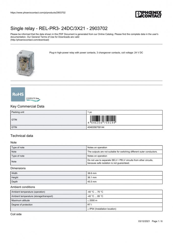 Phoenix Contact 2903702 technical document page 1