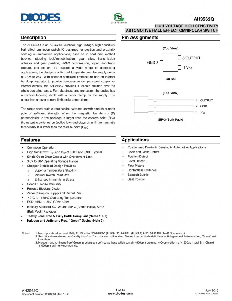 AH3562Q datasheet page 1