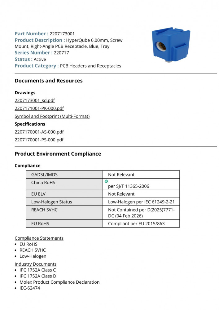 MOLEX HyperQube 2207173001 product drawing preview, page 1