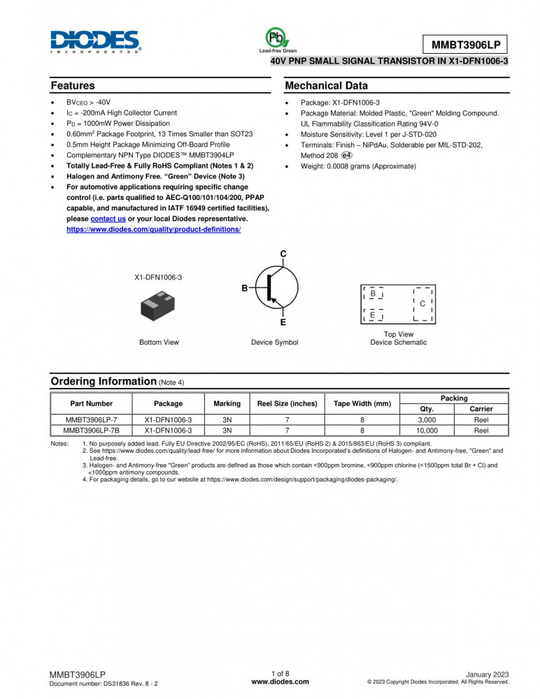 MMBT3906LP-7B datasheet page 1