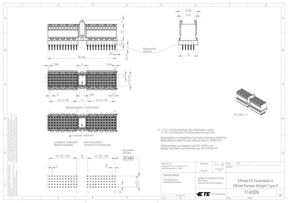 TE Connectivity ERNI 114009 technical drawing