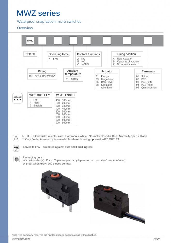 APEM MWZ series datasheet page 2