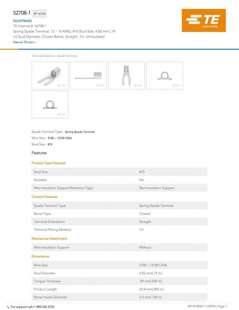 TE Connectivity 52708-1 technical document page 1