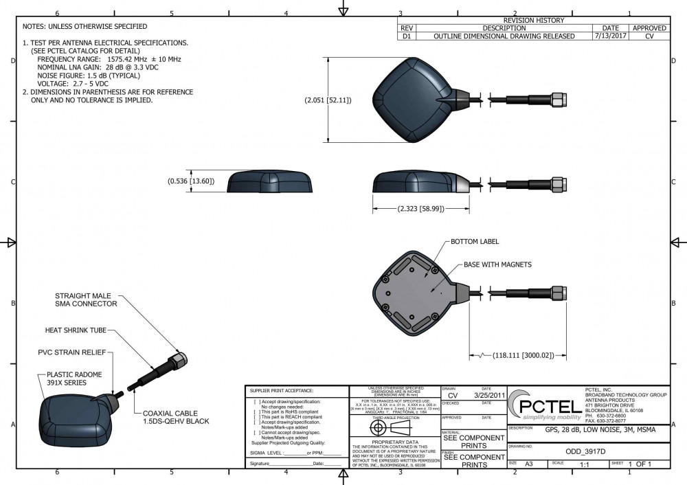 ANTENNA SPECIALISTS 3917D GPS antenna outline drawing