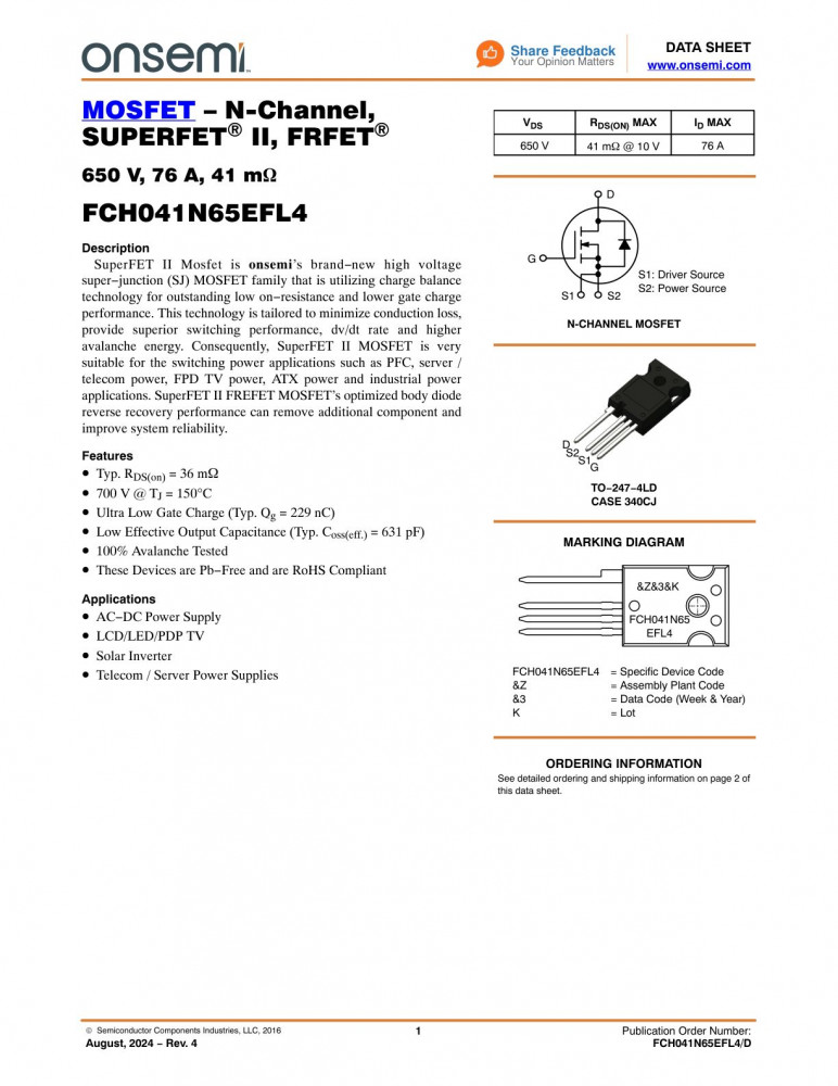 FCH041N65EFL4 datasheet page 1