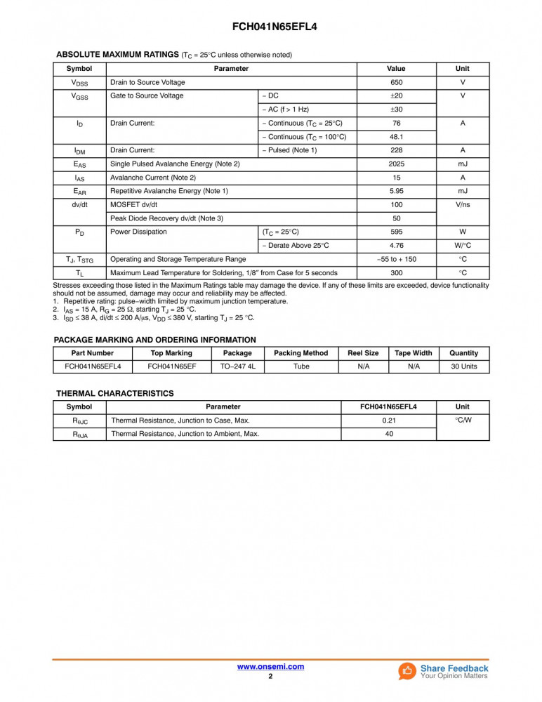 FCH041N65EFL4 datasheet page 2