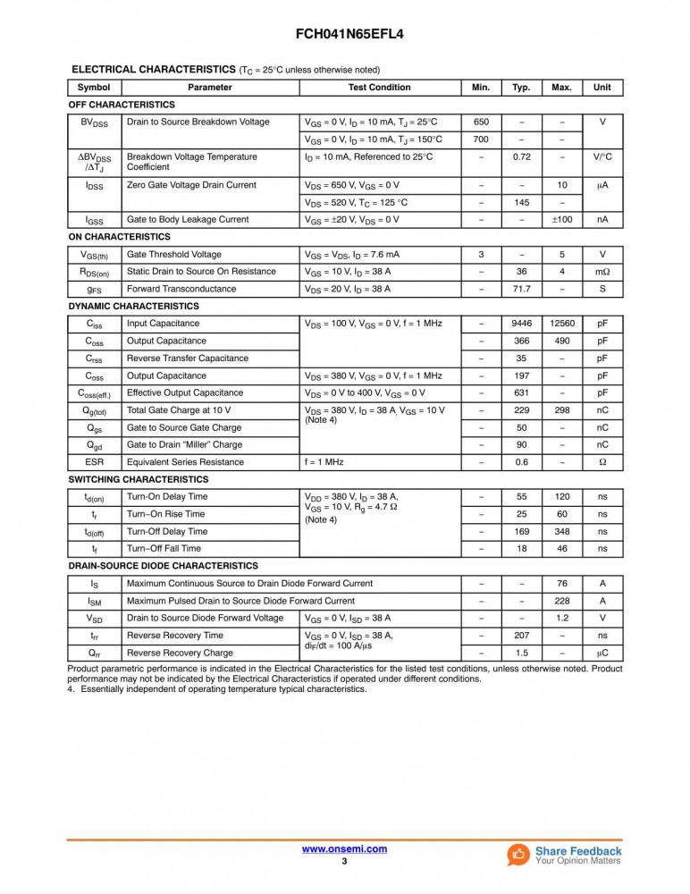 FCH041N65EFL4 datasheet page 3