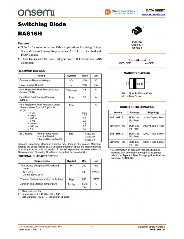 BAS16H datasheet page 1