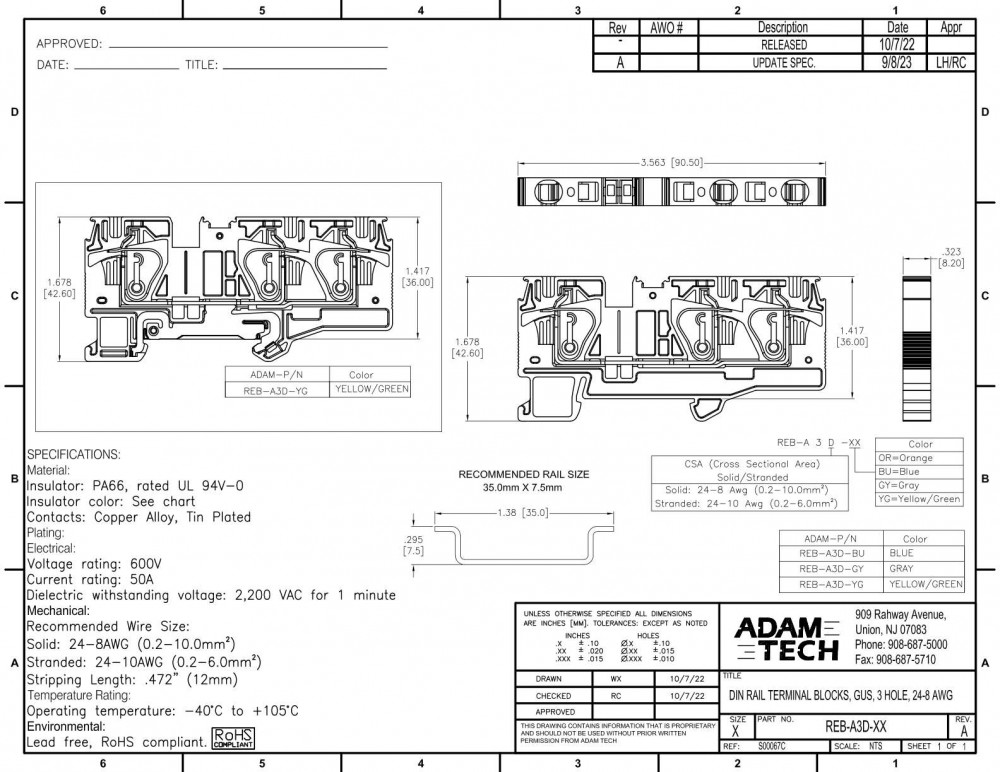 ADAM TECH REB-A3D-XX rail terminal block technical drawing preview