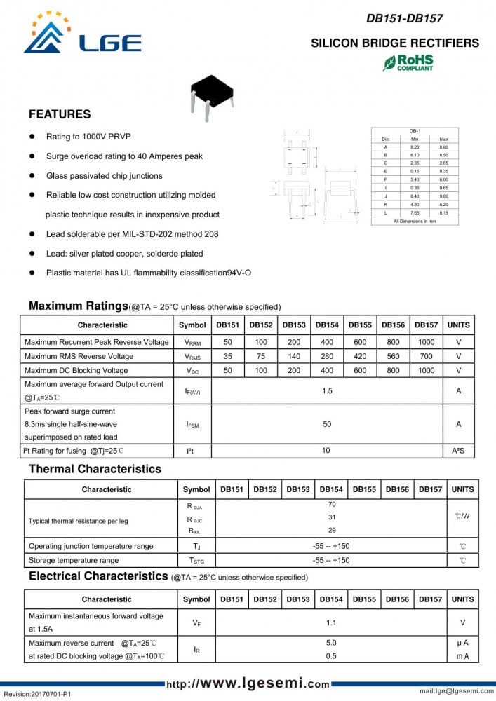 LGE DB155 DB-1 bridge rectifier datasheet page 1