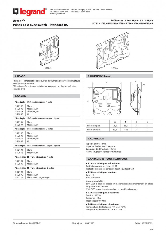 Legrand Arteor technical document, page 1
