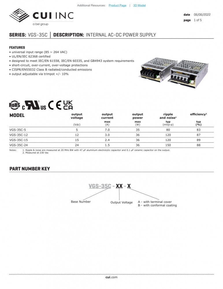 CUI VGS-35C-5 datasheet page 1