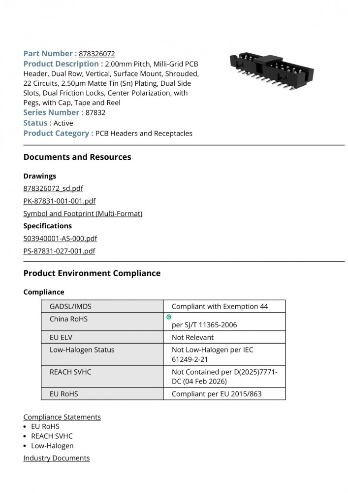 MOLEX 878326072 technical document image, page 1