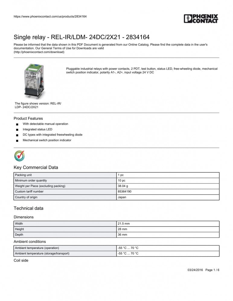 Phoenix Contact 2834164 technical document page 1