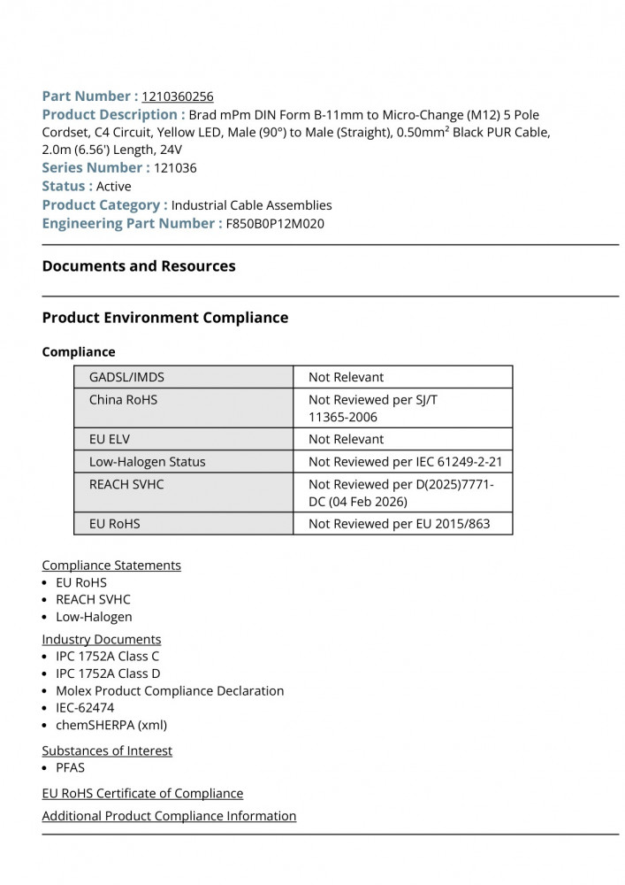 MOLEX DIN B industrial M12 cordsets drawing, page 1
