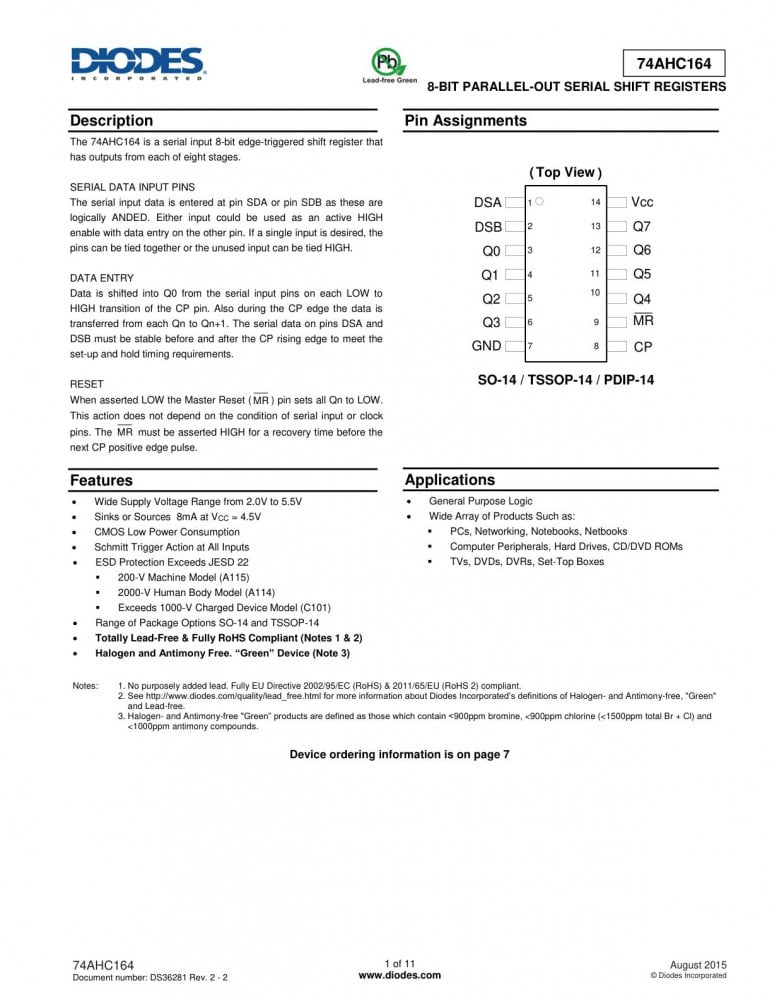 74AHC164S14-13 datasheet page 1