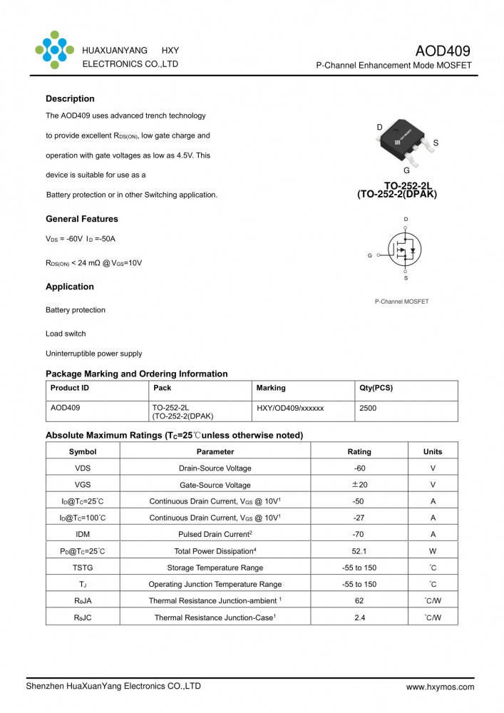 AOD409-HXY datasheet page 1