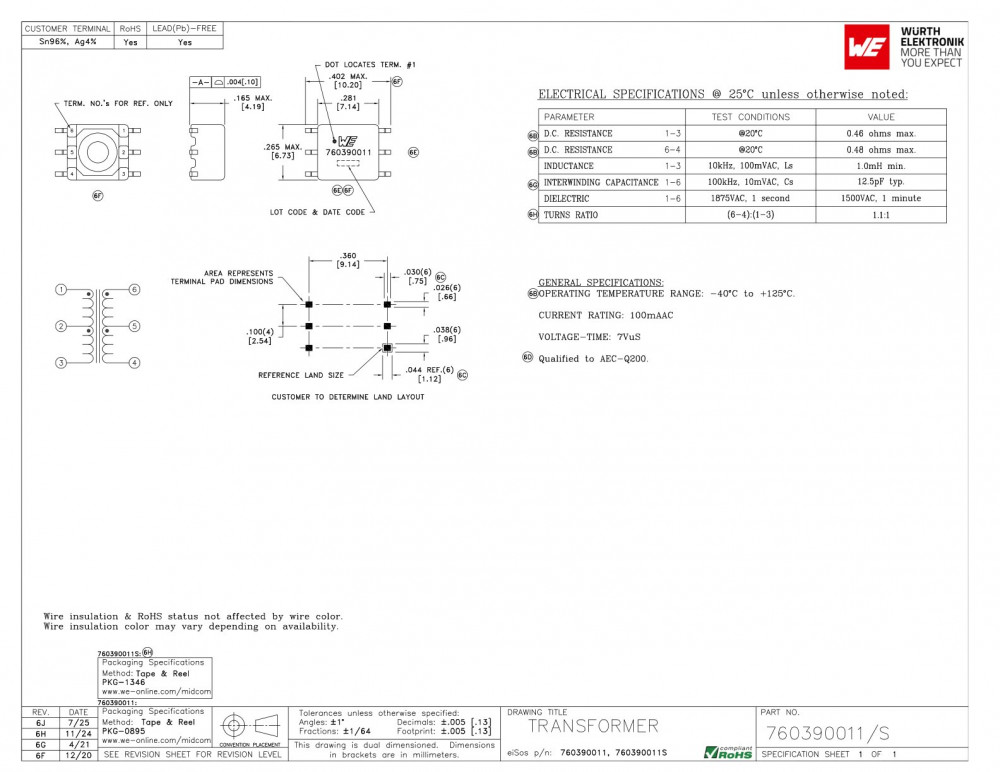 760390011 transformer specification drawing preview