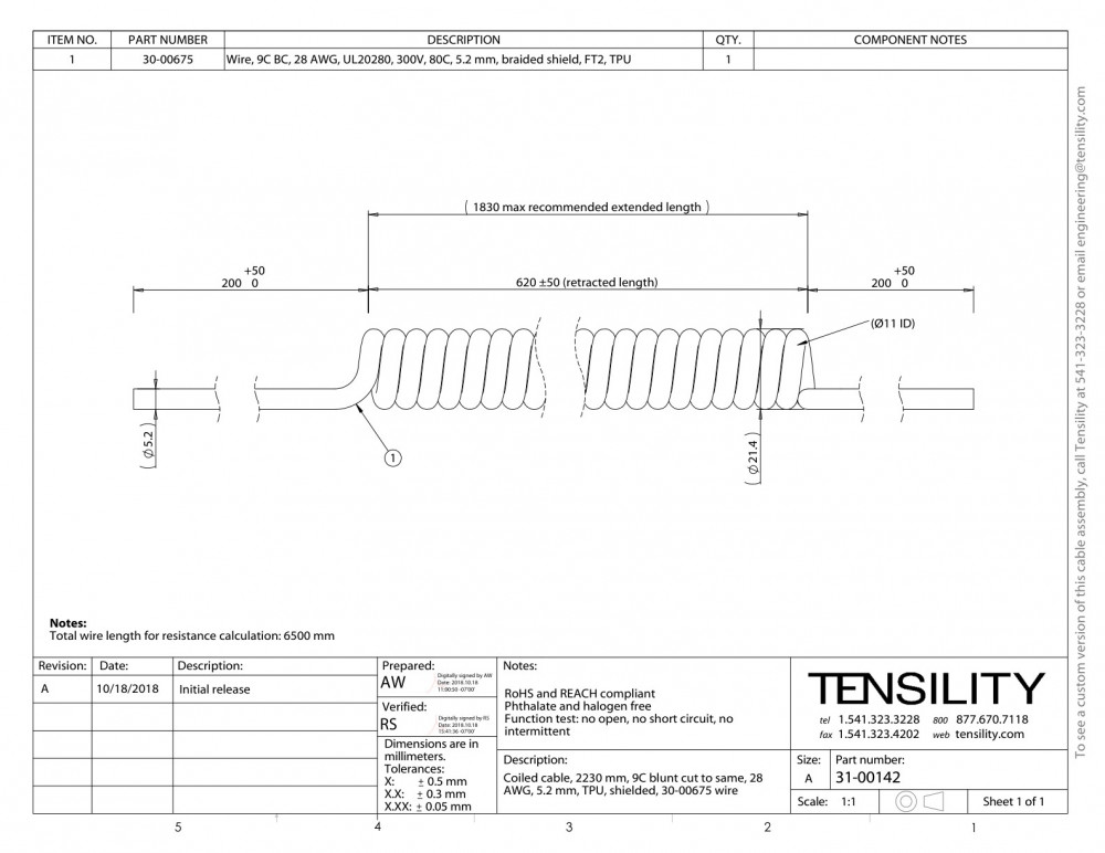 Technical drawing for Tensility International cable assembly 31-00142