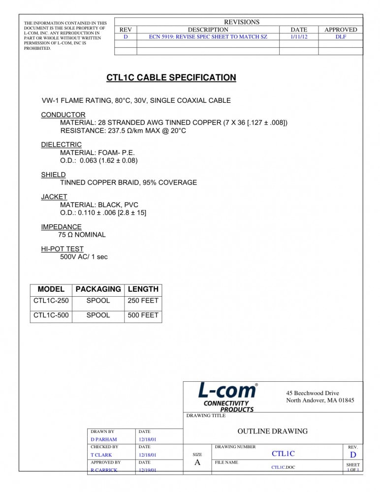 L-com CTL1C cable specification and outline drawing