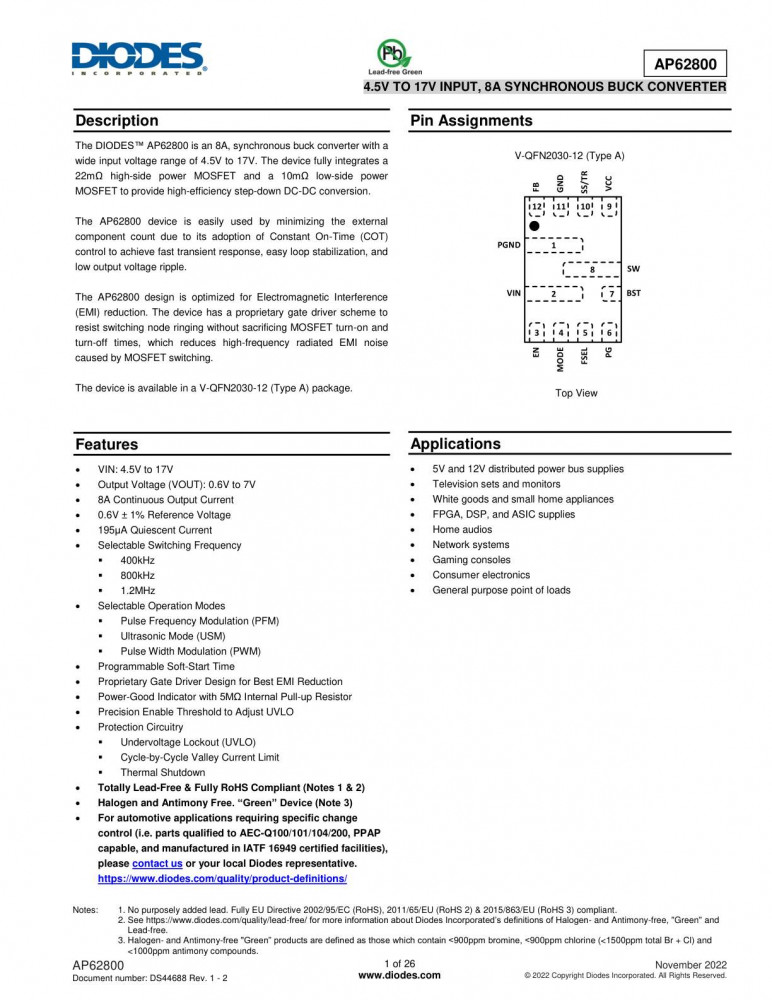 AP62800 datasheet page 1