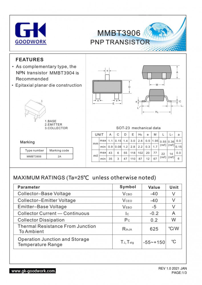 MMBT3906 technical document page 1