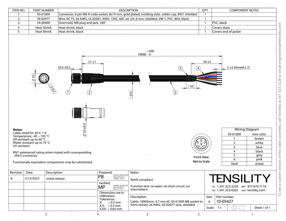 Tensility 10-05427 cable assembly product drawing