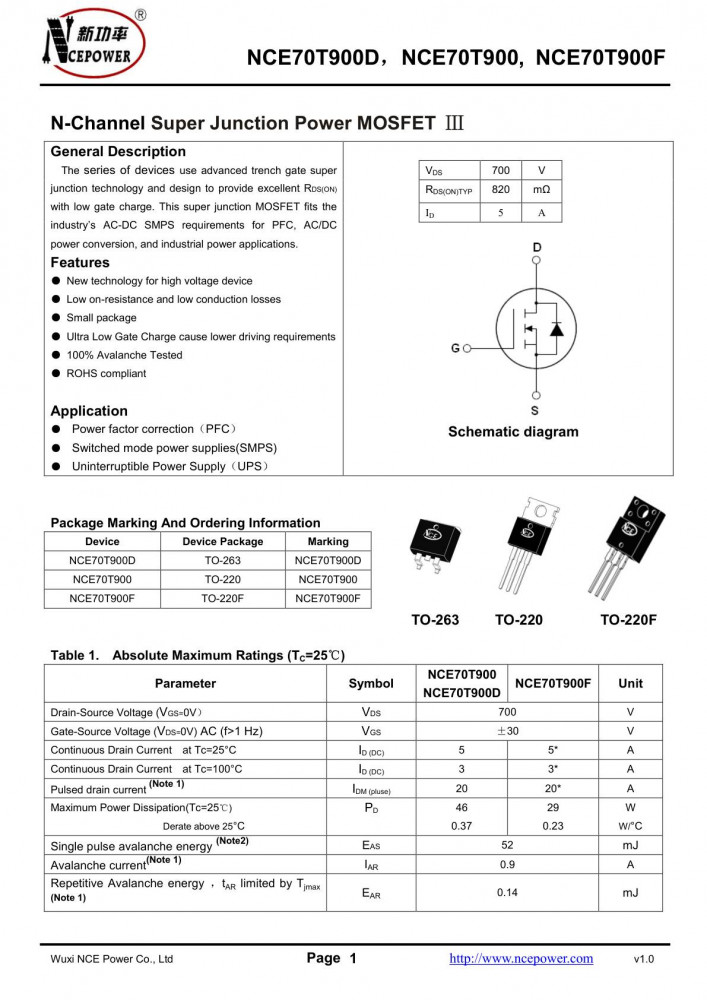 NCE70T900F datasheet page 1