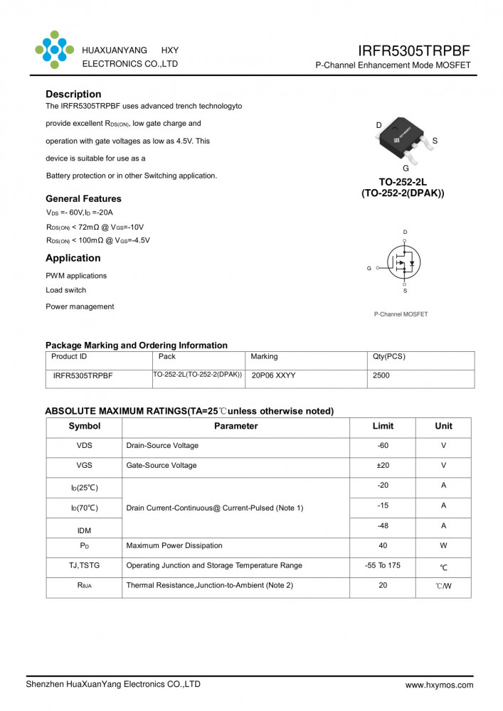 IRFR5305TRPBF-HXY datasheet page 1