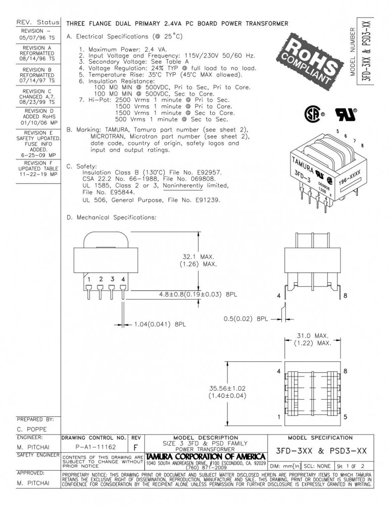 3FD and PSD family power transformer specification drawing, page 1