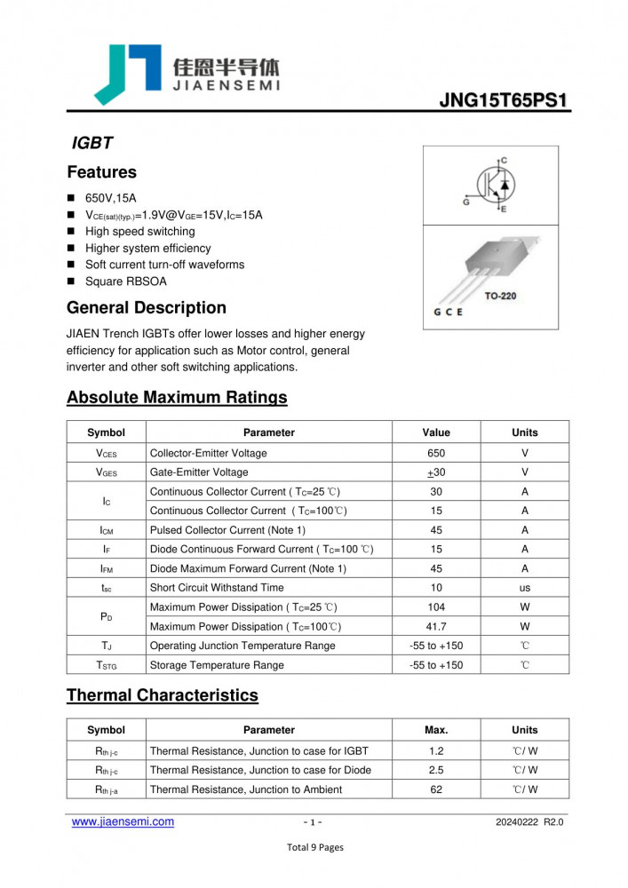 JNG15T65PS1 datasheet page 1