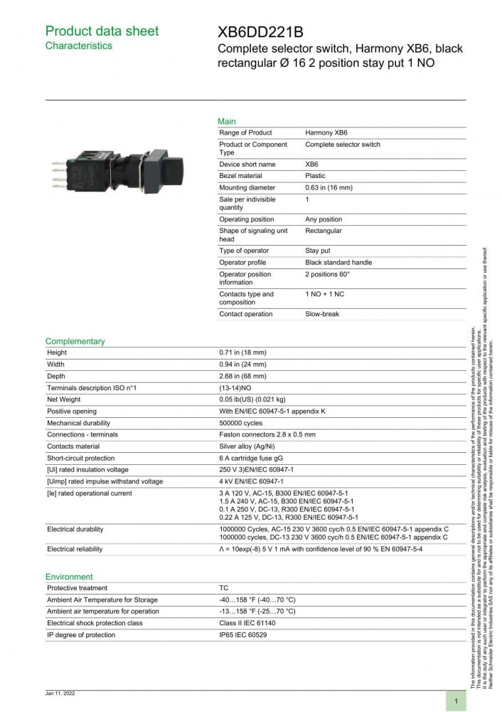 XB6DD221B technical document page 1