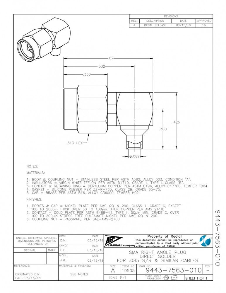 Radiall 9443-7563-010 product drawing