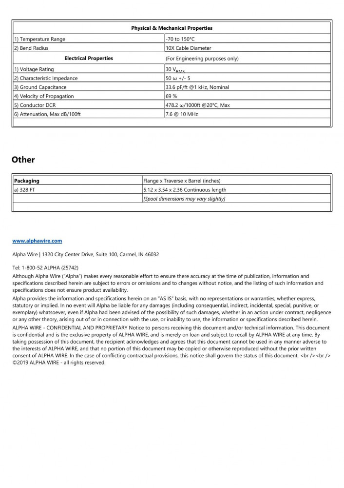Alpha Wire 9436 WH033 technical document page 2