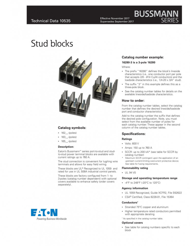 Eaton Bussmann stud blocks datasheet page 1