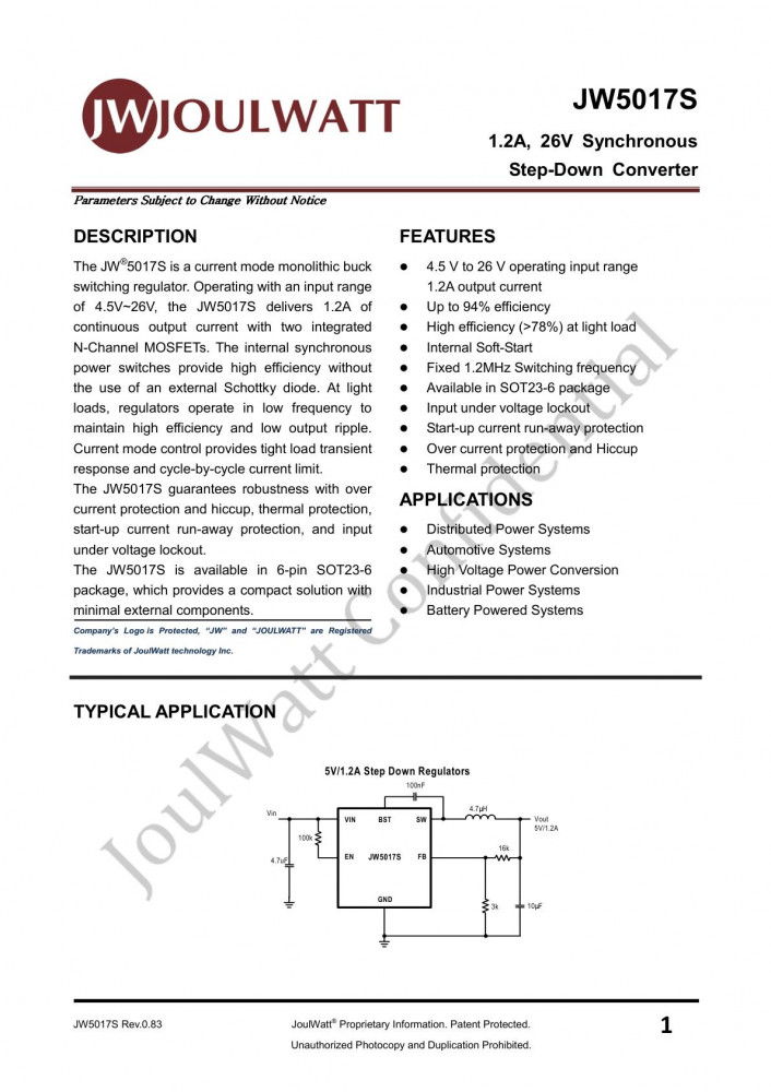 JW5017S datasheet page 1