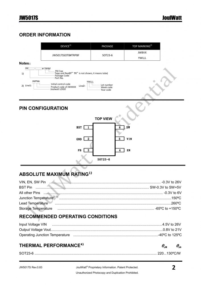 JW5017S datasheet page 2