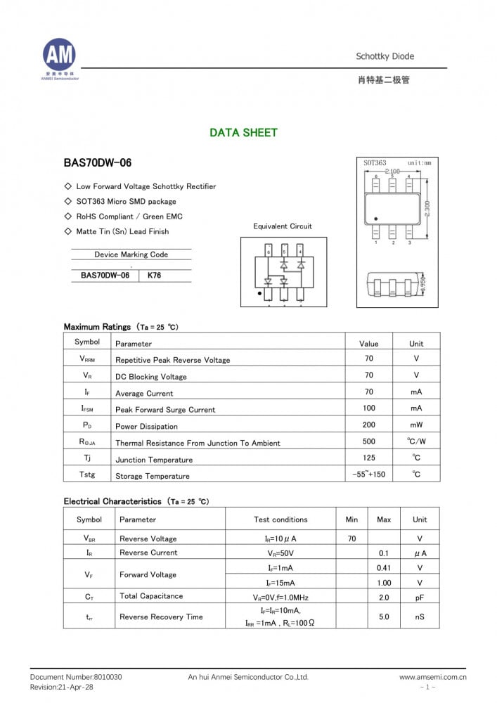 BAS70DW-06 datasheet page 1