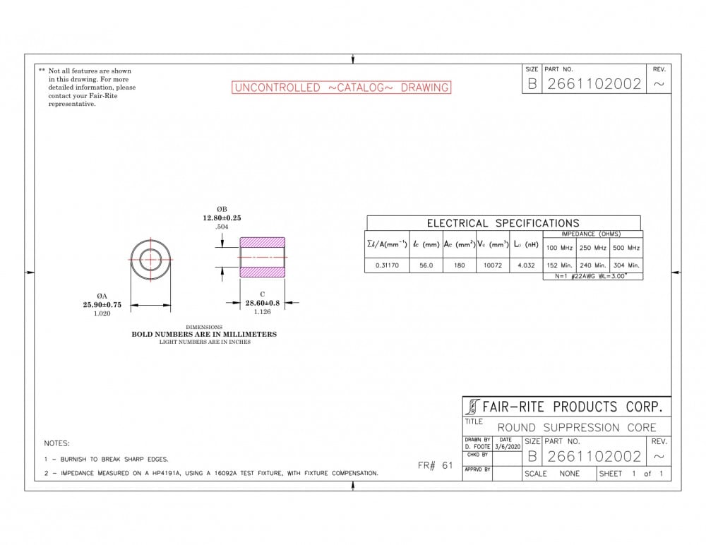 Fair-Rite 2661102002 technical document page