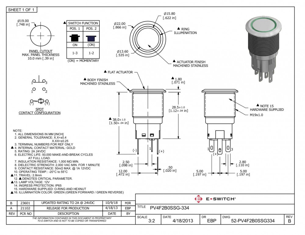 E-Switch PV4F2B0SSG-334 technical drawing