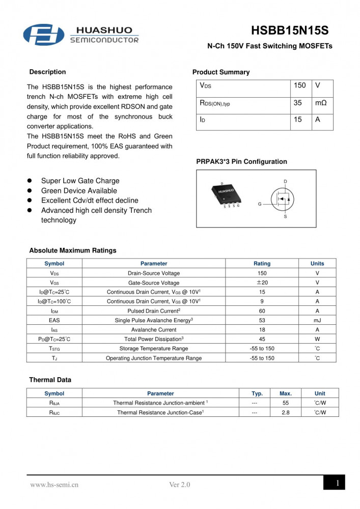 HSBB15N15S datasheet page 1