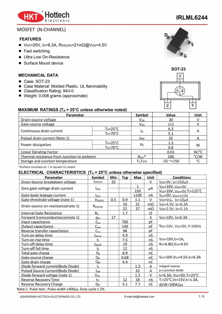 IRLML6244 datasheet page 1