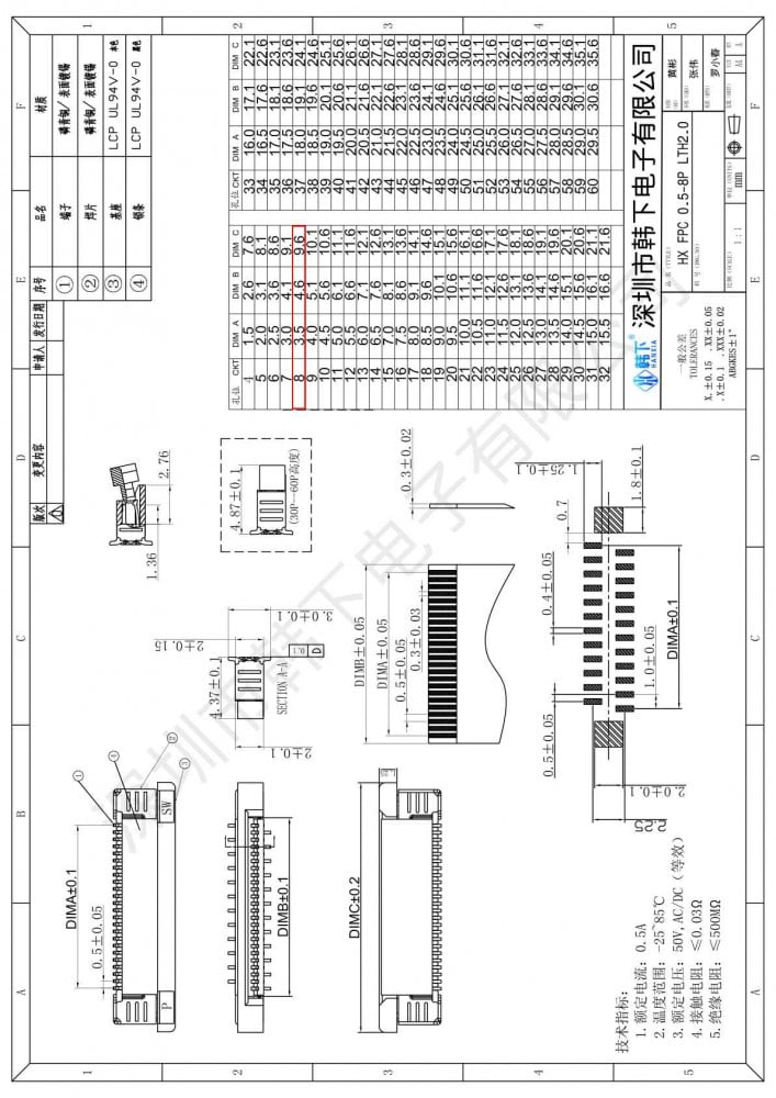 HX FPC 0.5-8P LTH2.0 document page 1