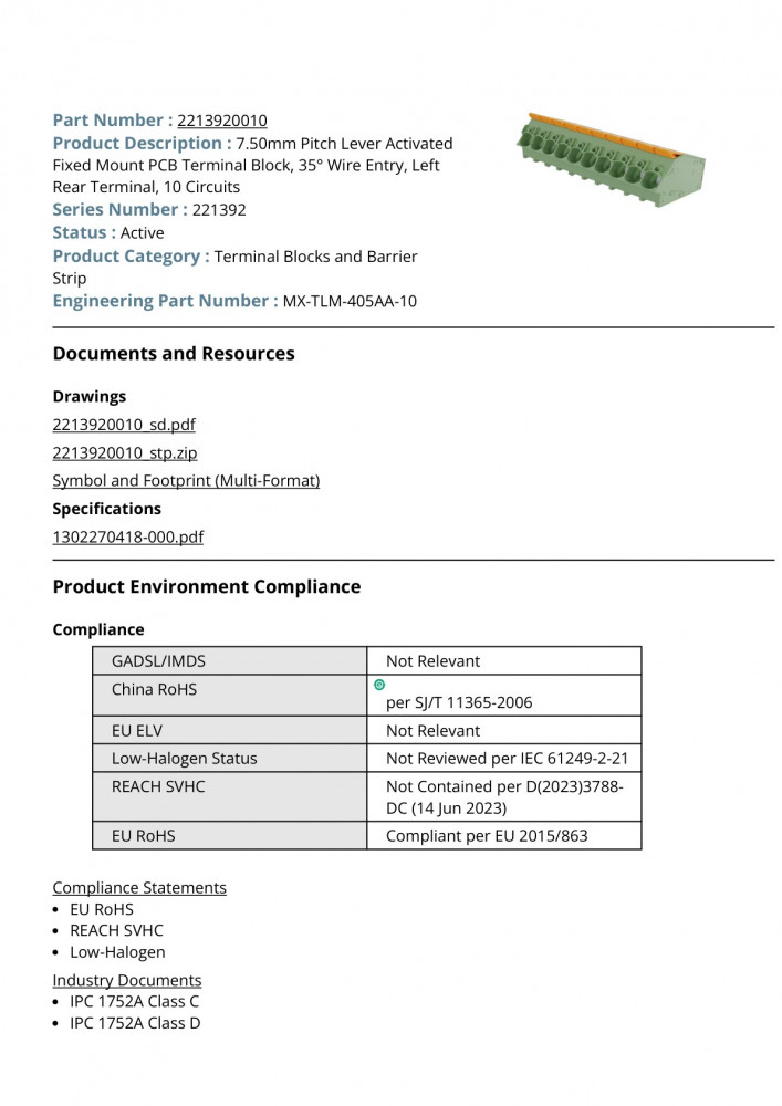 MOLEX 2213920010 technical document, page 1