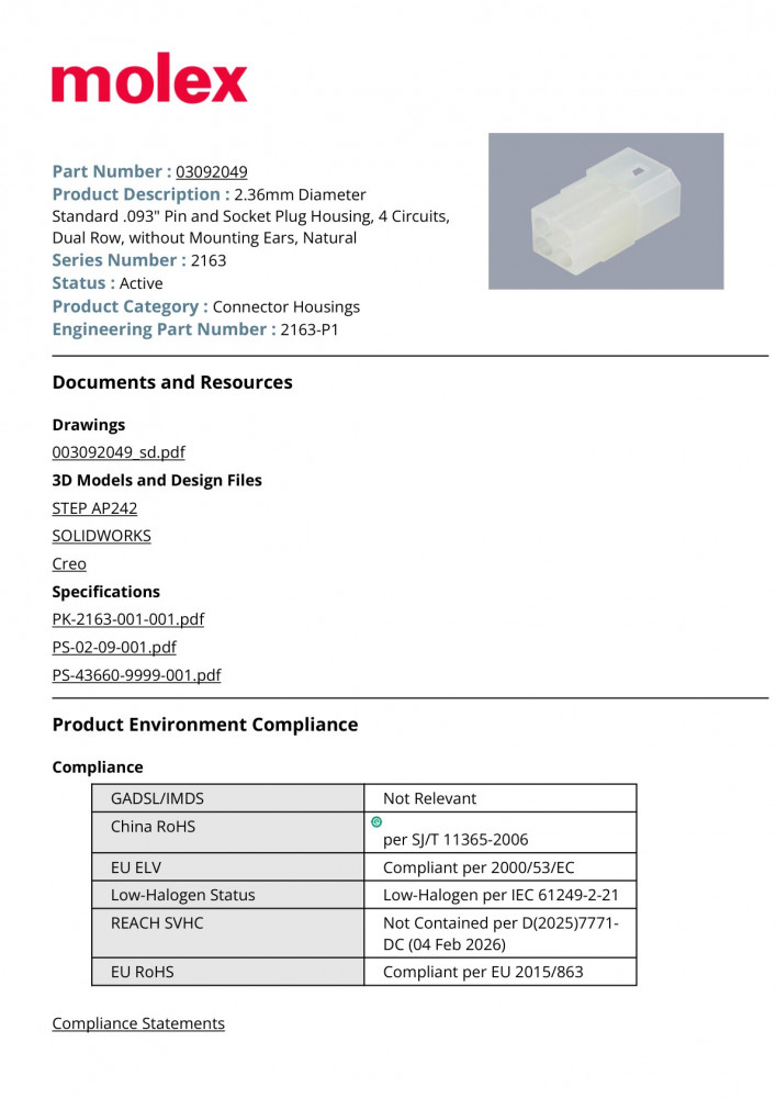 Molex .093 standard pin terminals specification page 1