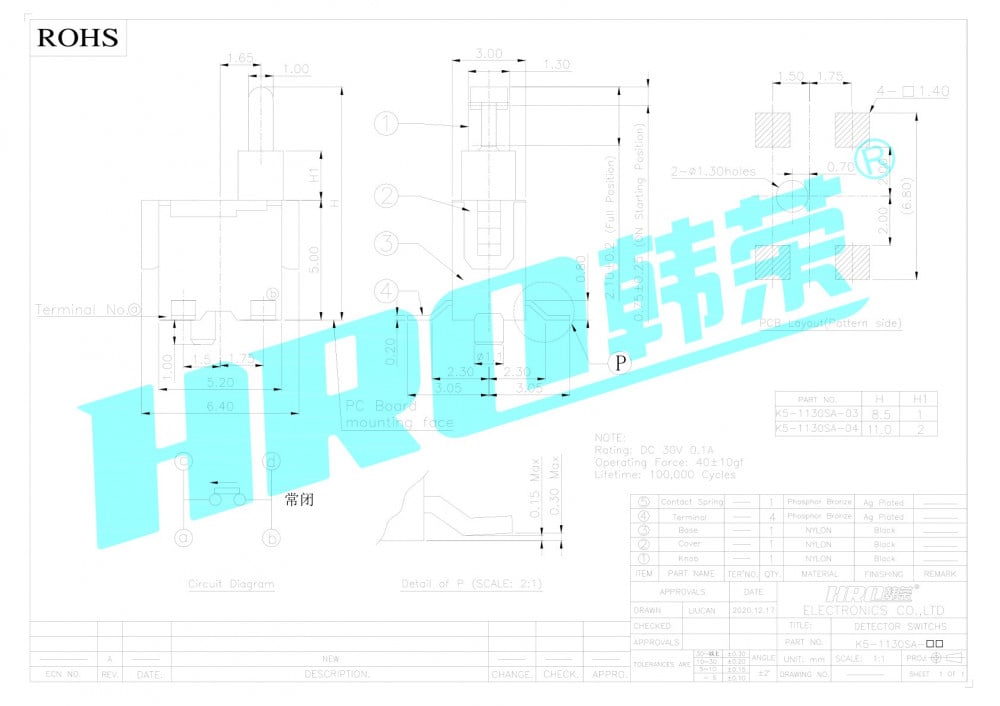 K5-1130SA-04 detector switch technical drawing