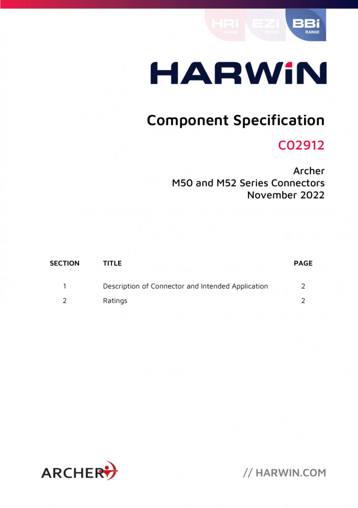 Harwin M50 and M52 Series specification page 1